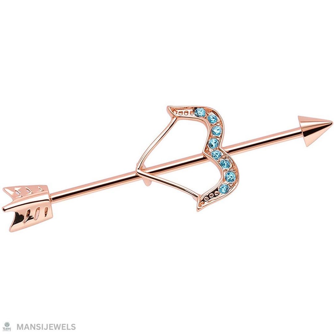 14K Gold Cupid’s Bow Industrial Barbell – Blue CZ Scaffold Piercing ...