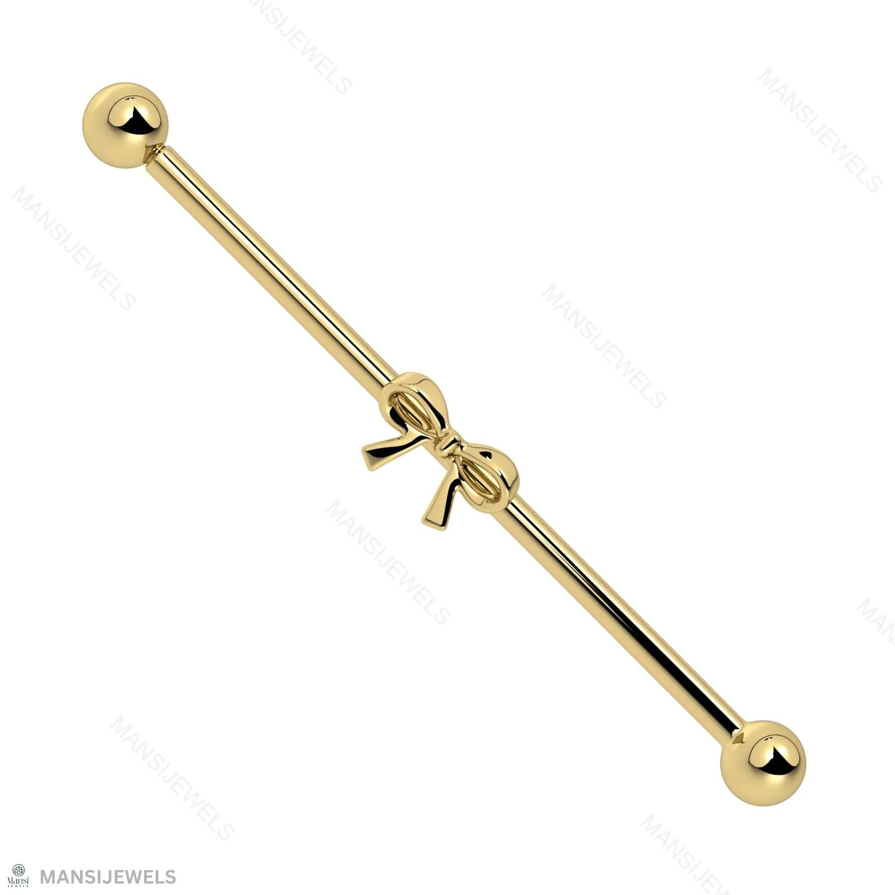 14K Gold Bow Industrial Barbell Piercing – 14G Scaffold Cartilage ...