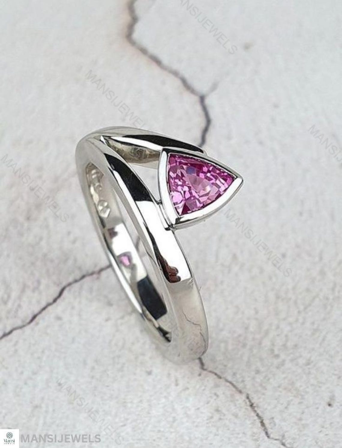 Trillion Cut Pink Sapphire Ring – Modern Bypass Engagement Ring – 14K ...
