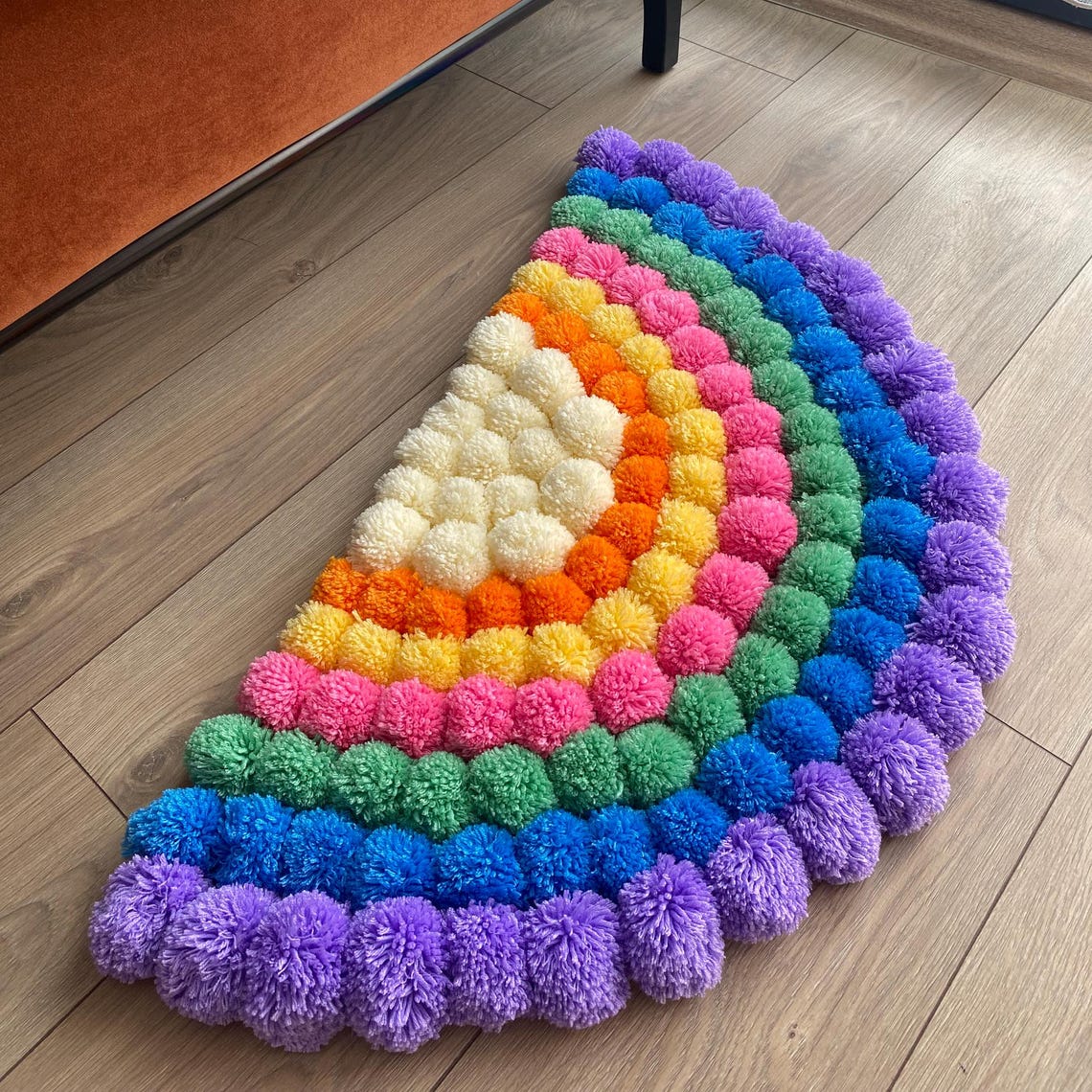 Handmade Rainbow Pom-pom Rug: Colorful Nursery Play Mat - Etsy