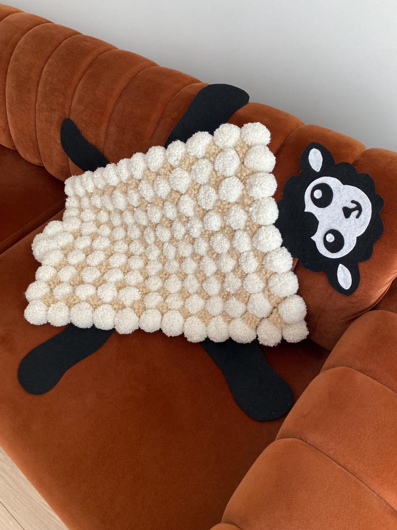 Sheep Pom-pom Rug – Fluffy Animal Nursery Mat – Handmade Carpet for ...
