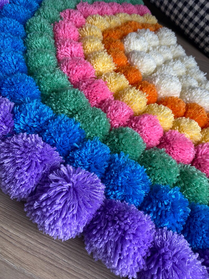 Handmade Rainbow Pom-pom Rug: Colorful Nursery Play Mat - Etsy