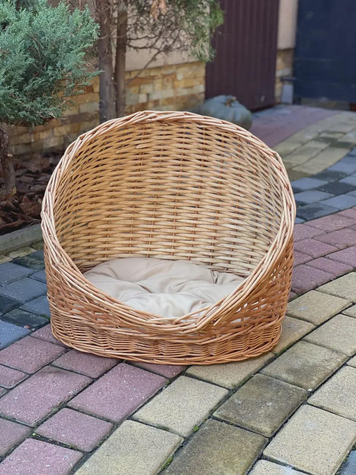 Wicker Dog Bed With Cushion – Handmade Eco Pet Basket, Cat Bed, Oval ...