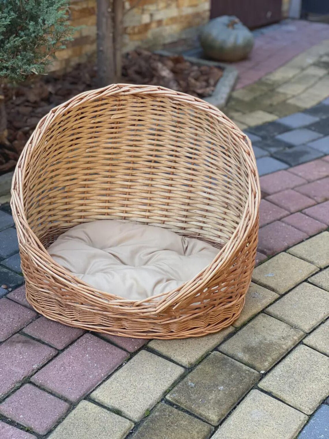 Wicker Dog Bed With Cushion – Handmade Eco Pet Basket, Cat Bed, Oval ...