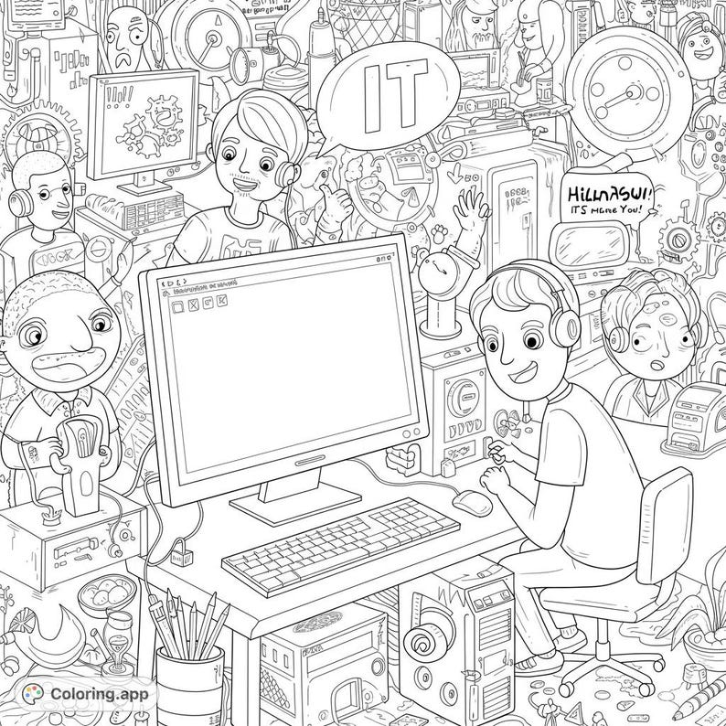 Funny IT Office Coloring Page | Printable Tech-themed Coloring Sheet ...