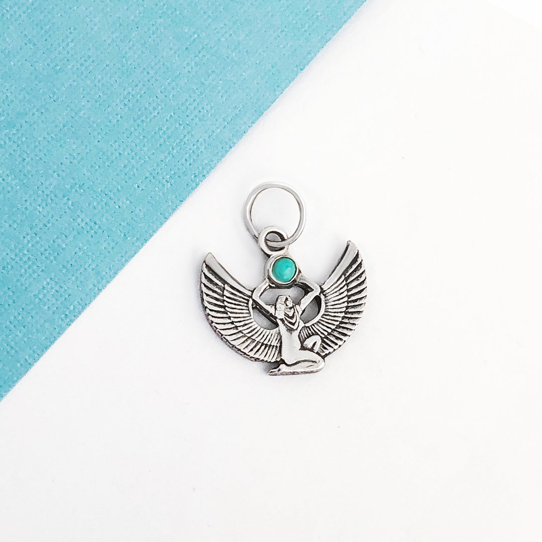 Egyptian Goddess Turquoise Pendant in Sterling Silver, Winged God Charm ...