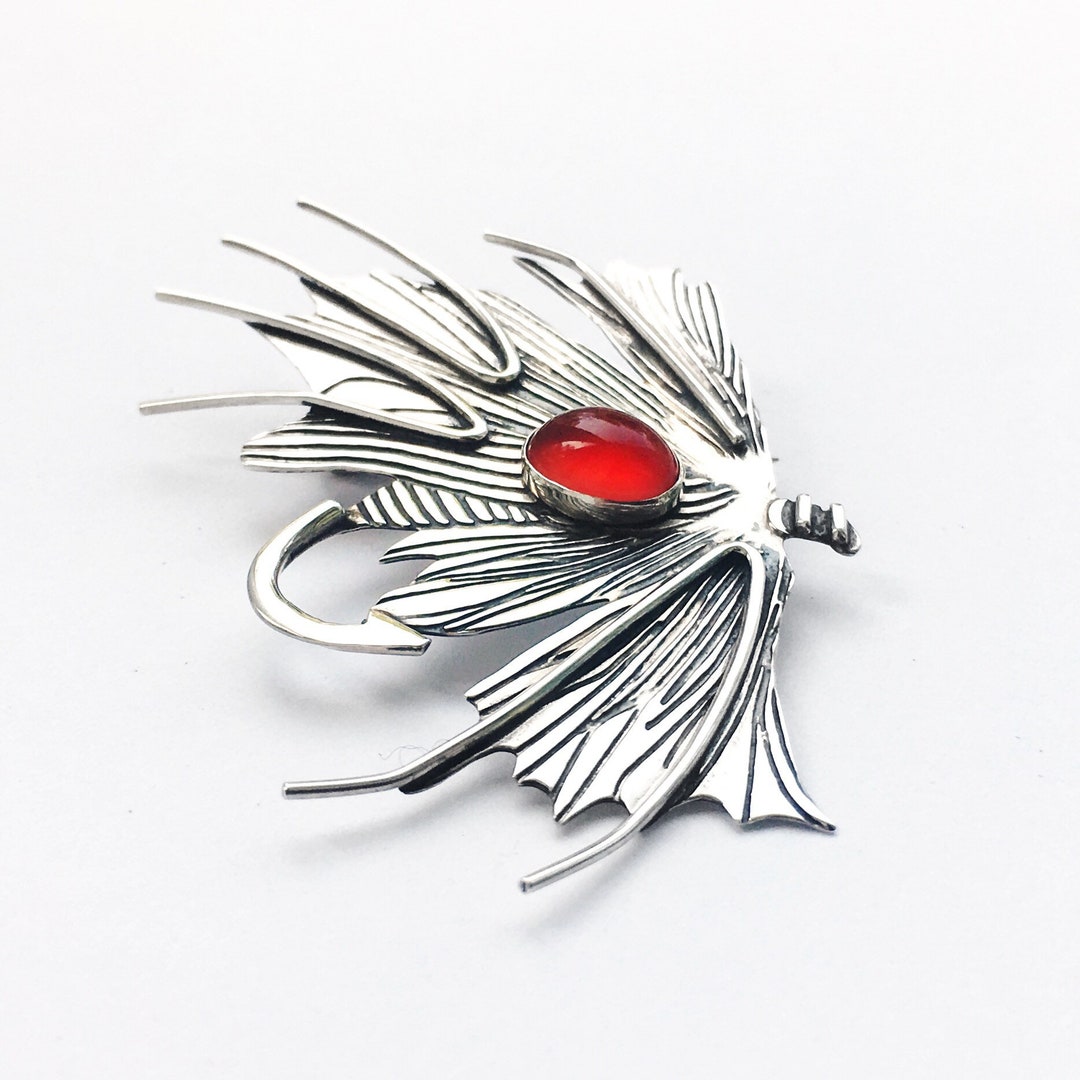 Fly Fishing Sterling Silver Lure Brooch With Carnelian - Etsy