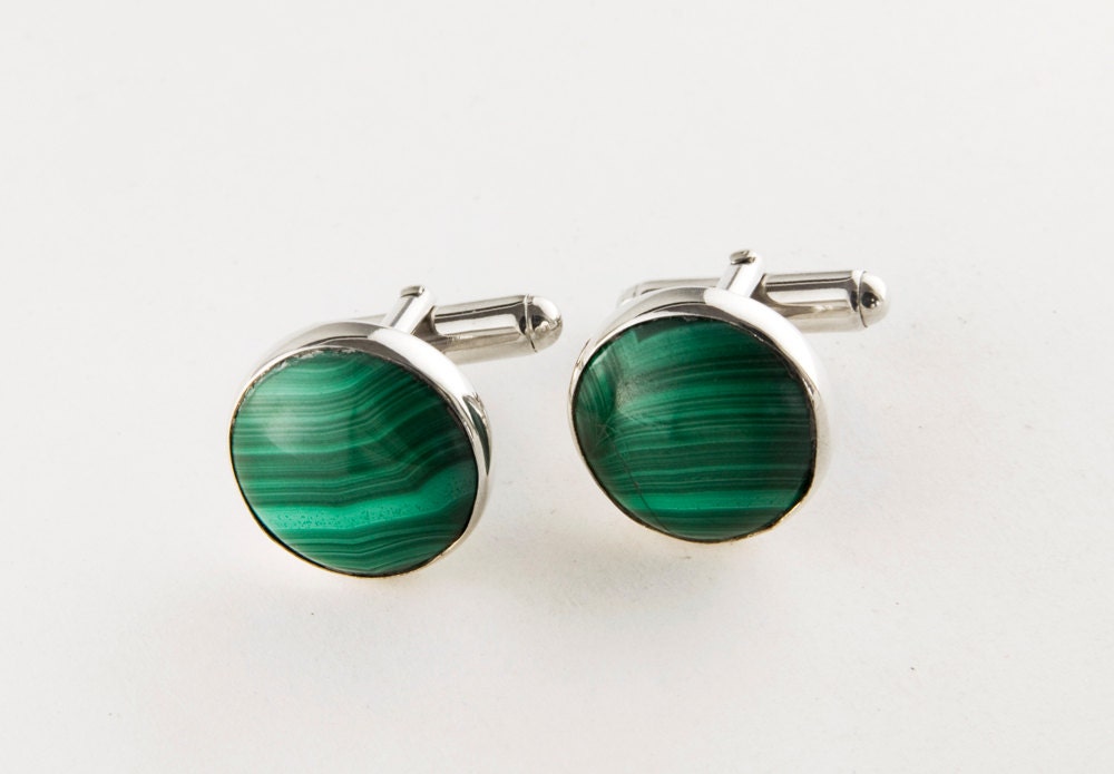 Malachite Cufflinks in Sterling Silver Round Green Malachite - Etsy UK