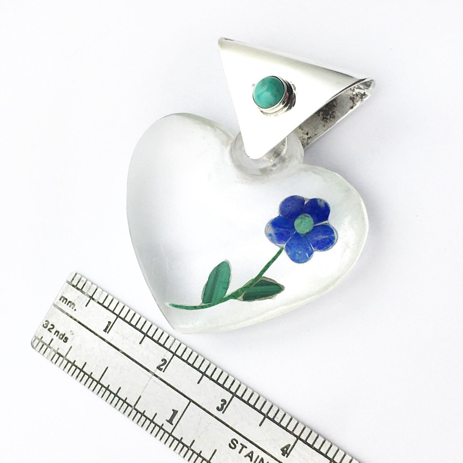 Vintage Heart and Flower Inlay Pendant in Sterling Silver With - Etsy