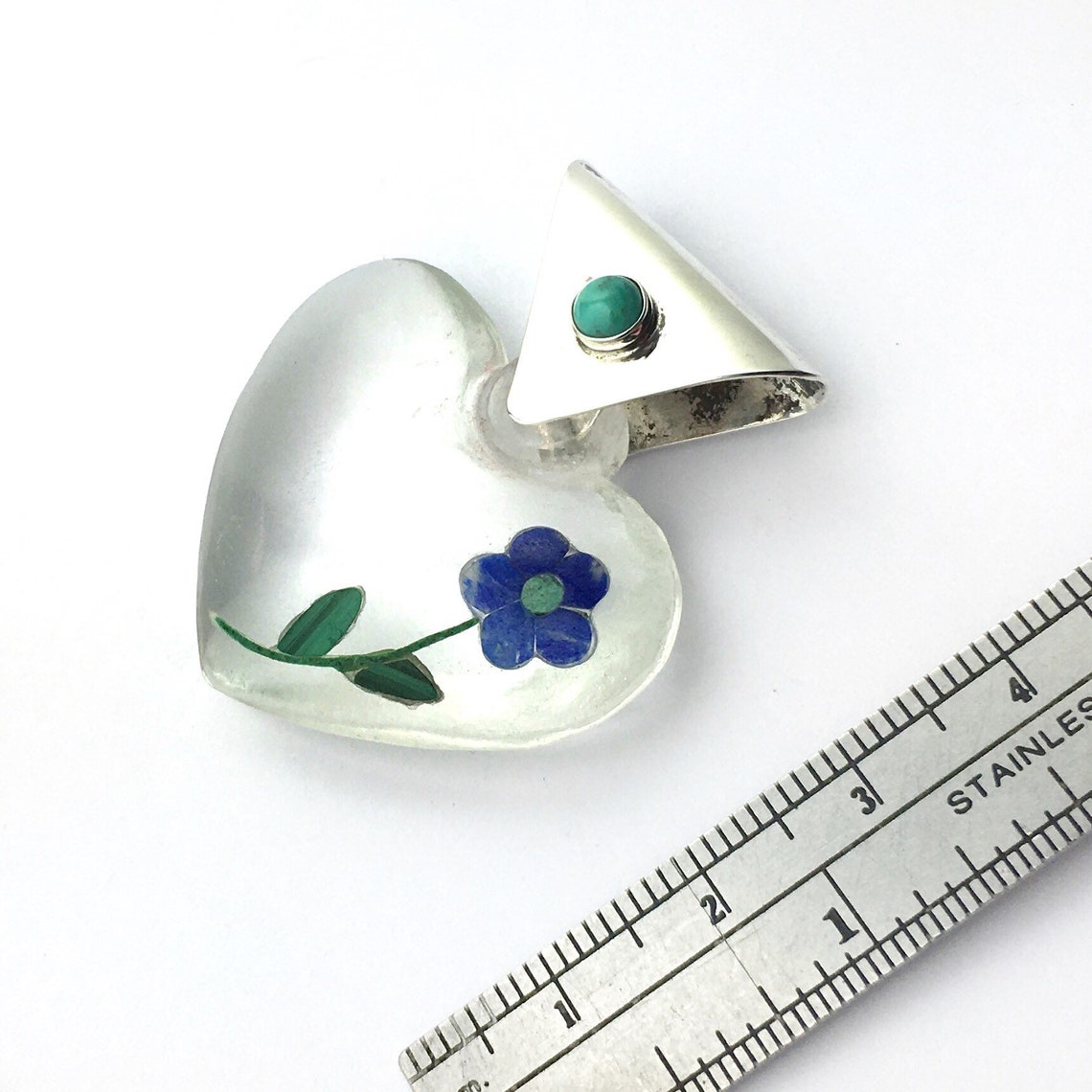 Vintage Heart and Flower Inlay Pendant in Sterling Silver With - Etsy