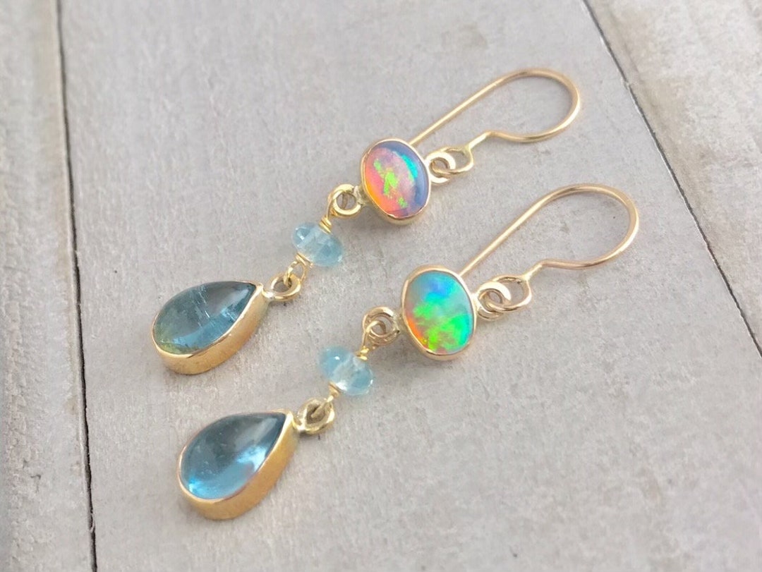 Australian Opal Earrings in 14k Gold Filled, Aquamarine and Opal ...