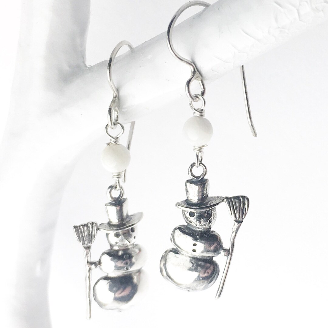 Sterling Silver Snowman Earrings: Mother of Pearl Winter Dangles - Etsy