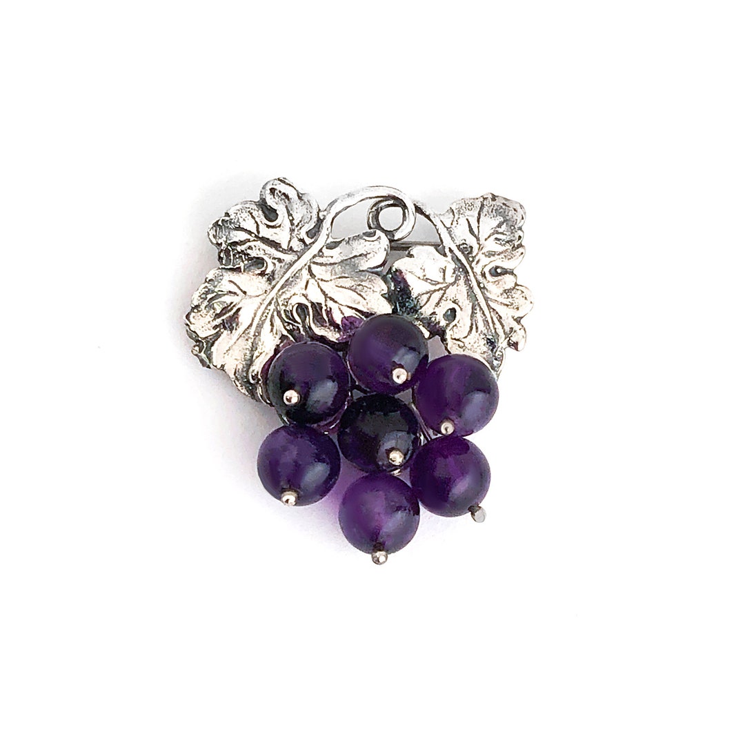 Grape Vine Brooch With Amethyst, Sterling Silver Brooch, Grape Bunch ...