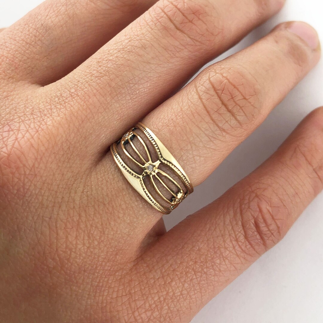 Wide Gold Band With Diamonds in 14k Gold, Solid Gold Ring, Yellow Gold ...
