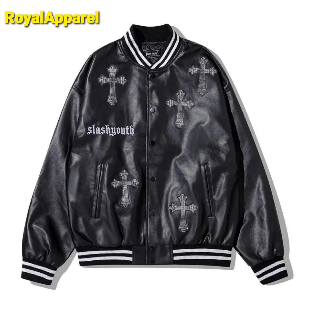 Black Leather Varsity Jacket: Embroidered Gothic Cross Bomber - Etsy