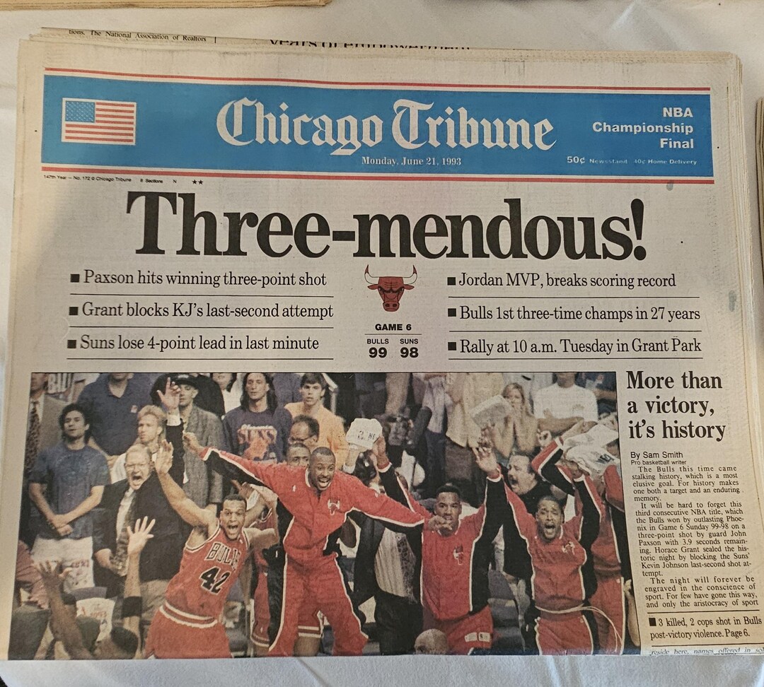 Chicago Bulls 3rd Championship - 1993 - Chicago Tribune "three-mendous!" - Etsy