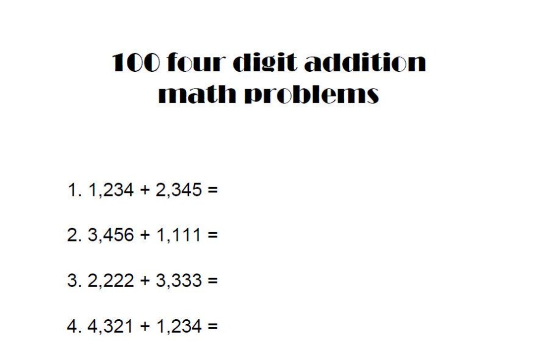 Printable Worksheet: 100 Four Digit Addition Math Problems - Etsy