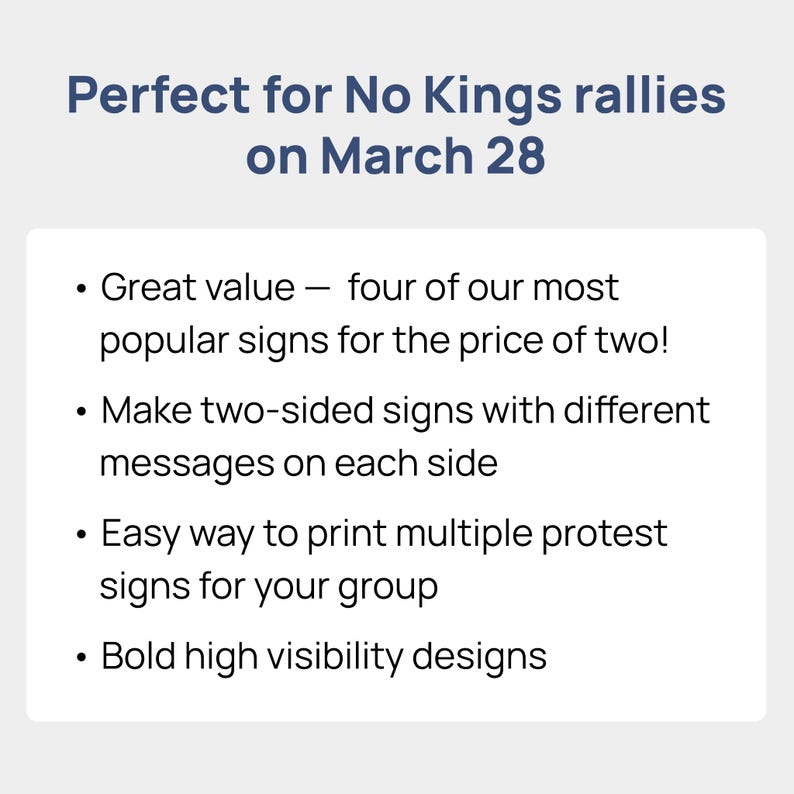 No Kings Protest Sign Bundle – 4 Printable Rally Signs – March 28 Anti ...