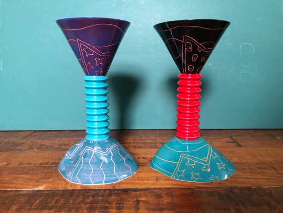 Pair of 1980s big wine glasses Memphis styling grace Luminarc classic ...