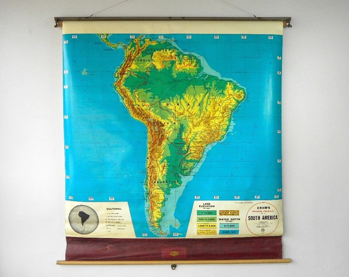 Vintage Cram's Pull Down Map, South America, Colorful Classroom Map, 1960's - Etsy