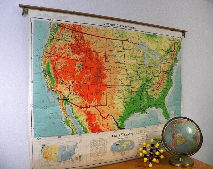 Vintage Classroom Pull Down Map, United States, Denoyer Geppert, School ...