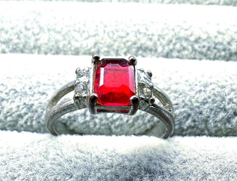 Vintage Silvertone Costume Ring: Emerald Cut Red Ruby, Rhinestone ...