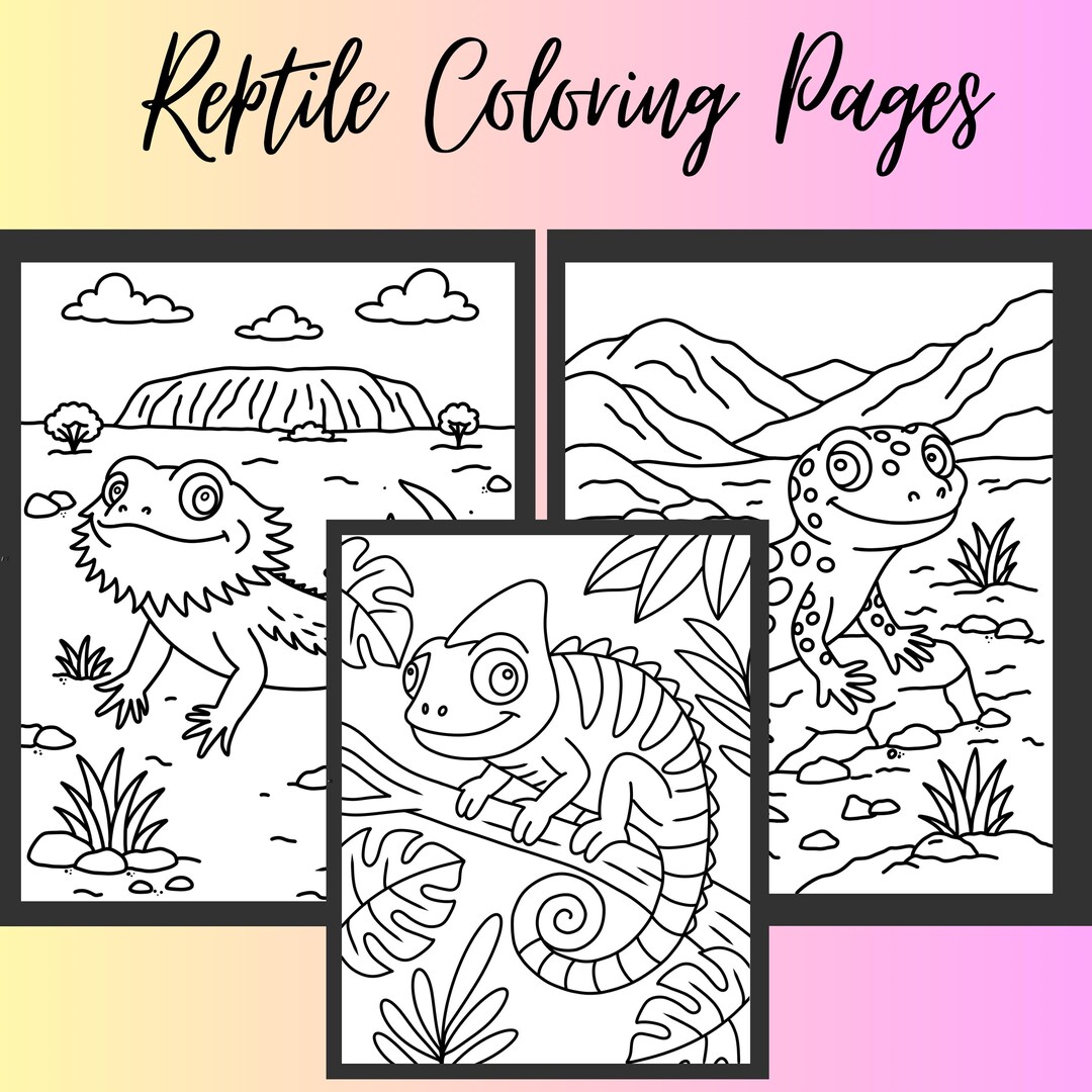 Hand Drawn Kids Reptile Coloring Book Page Set of 3 for Children ...