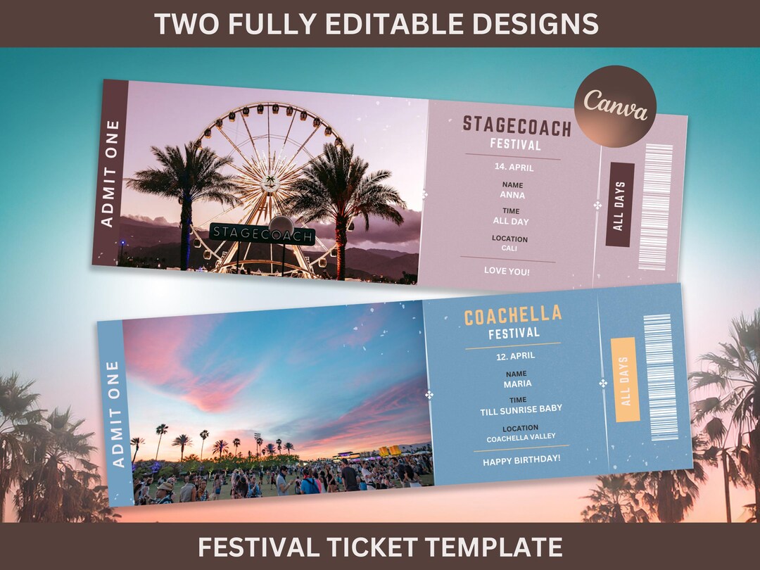 Editable Festival Ticket Template Canva Digital Download Concert Party ...
