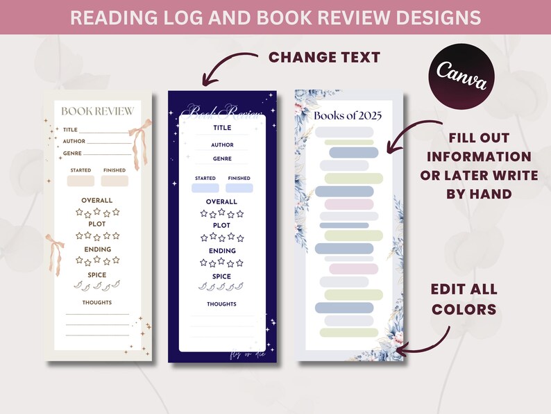 Editable Reading Log Bookmark, Printable Book Tracker, Track Books Read ...