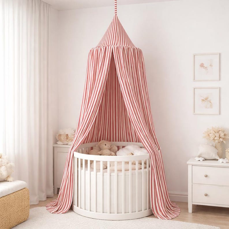 Red Striped Linen Canopy for Nursery, Baby Bed Canopy, Play Tent Canopy ...