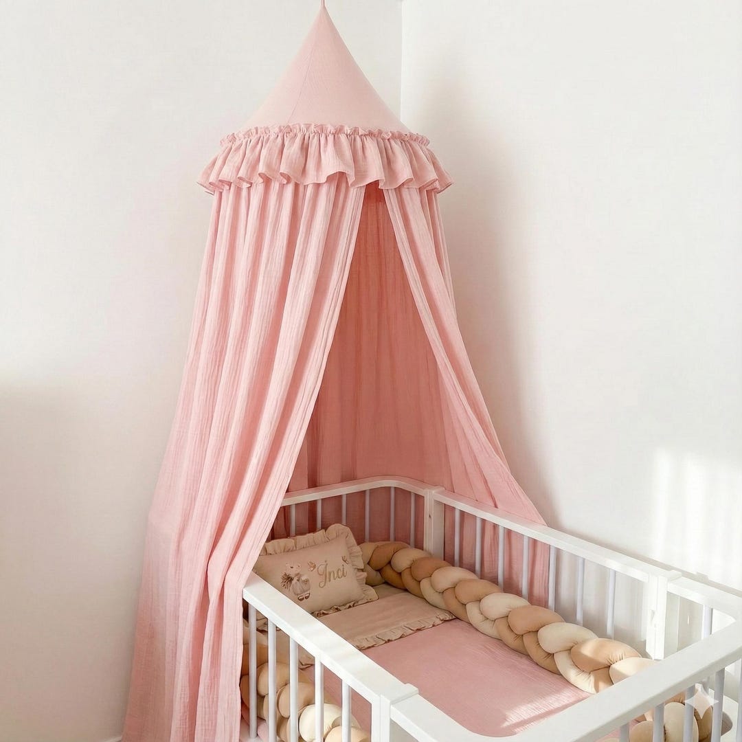 Pink Ruffled Bed Canopy for Girls Nursery, Princess Dome Canopy for ...