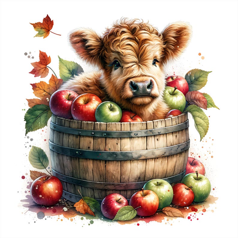 Highland Cow Fall Art: Autumn Apple Barrel Digital Print (digital ...