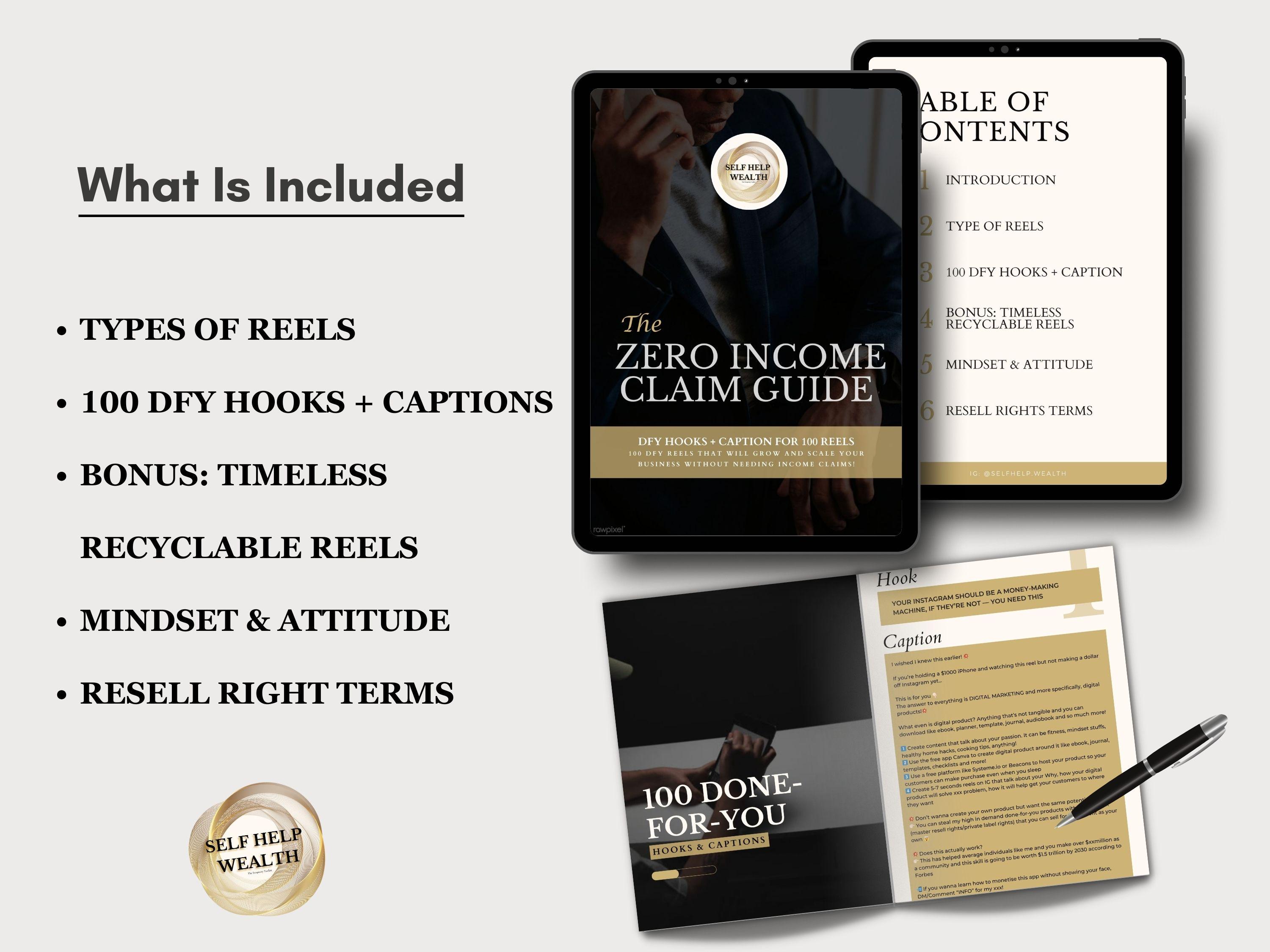 The Zero Income Claim Guide 100 DFY Hooks and Captions, Resell Rights ...