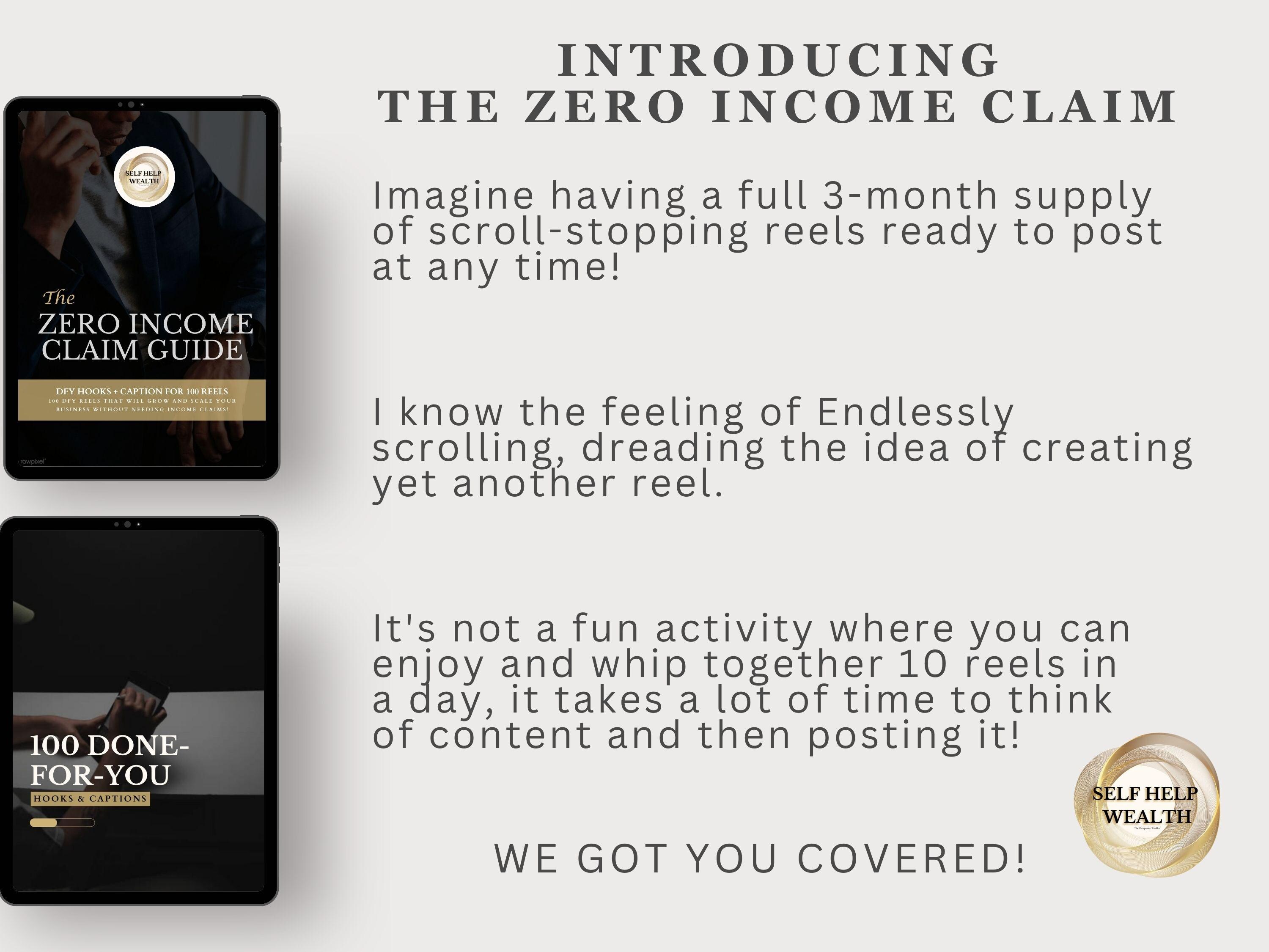 The Zero Income Claim Guide 100 DFY Hooks and Captions, Resell Rights ...