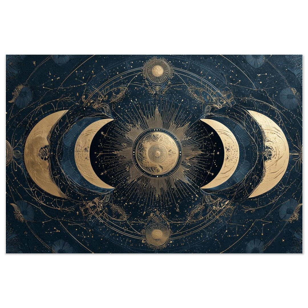 Celestial Moon Phases Poster - Dark Blue & Gold Astrology Art - Magical ...
