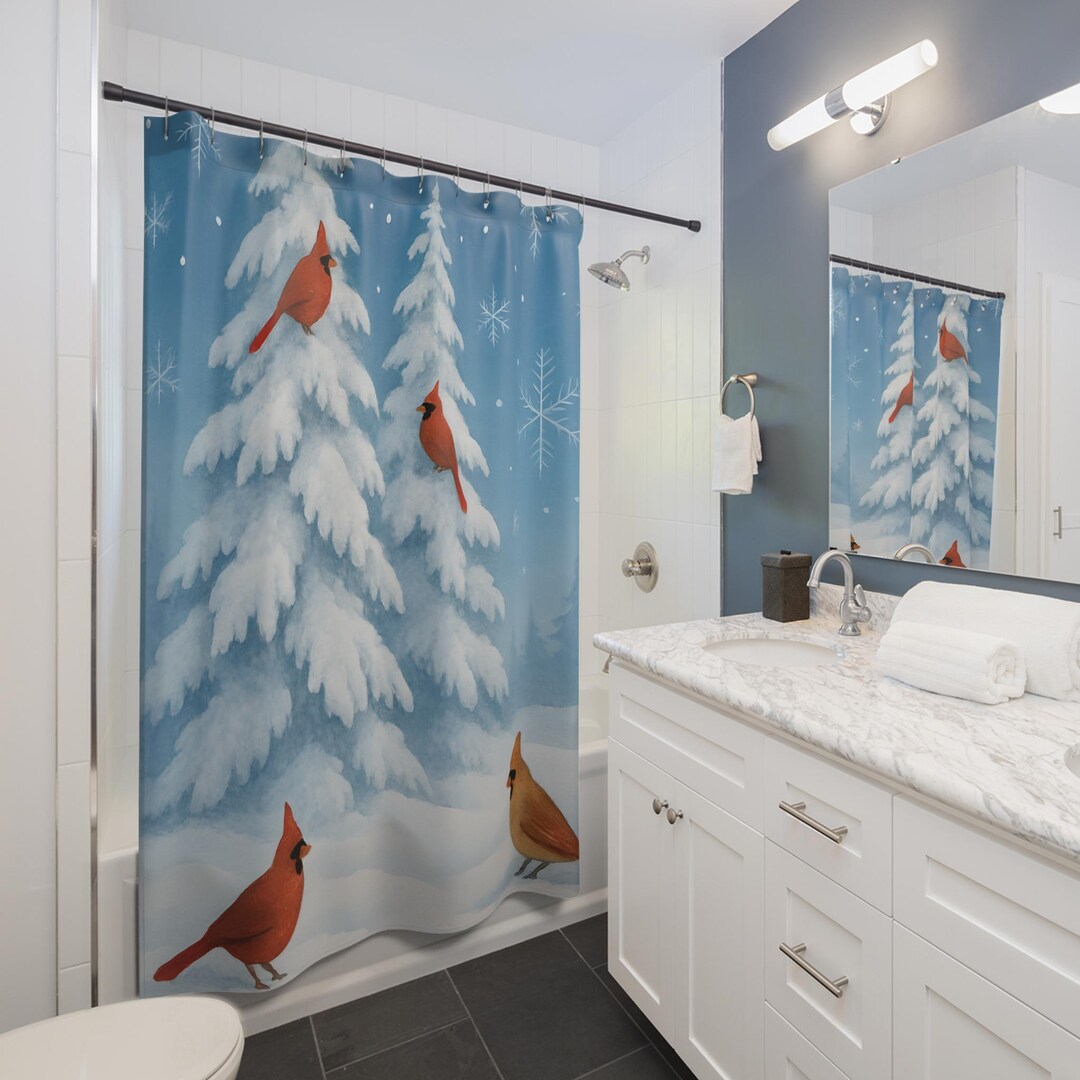 Winter Cardinal Shower Curtain: Christmas Holiday Bathroom Decor - Etsy