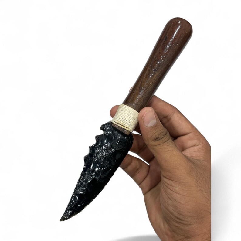 Obsidian Spear-point Knife With Wooden Handle – 8.5” Hand-knapped ...