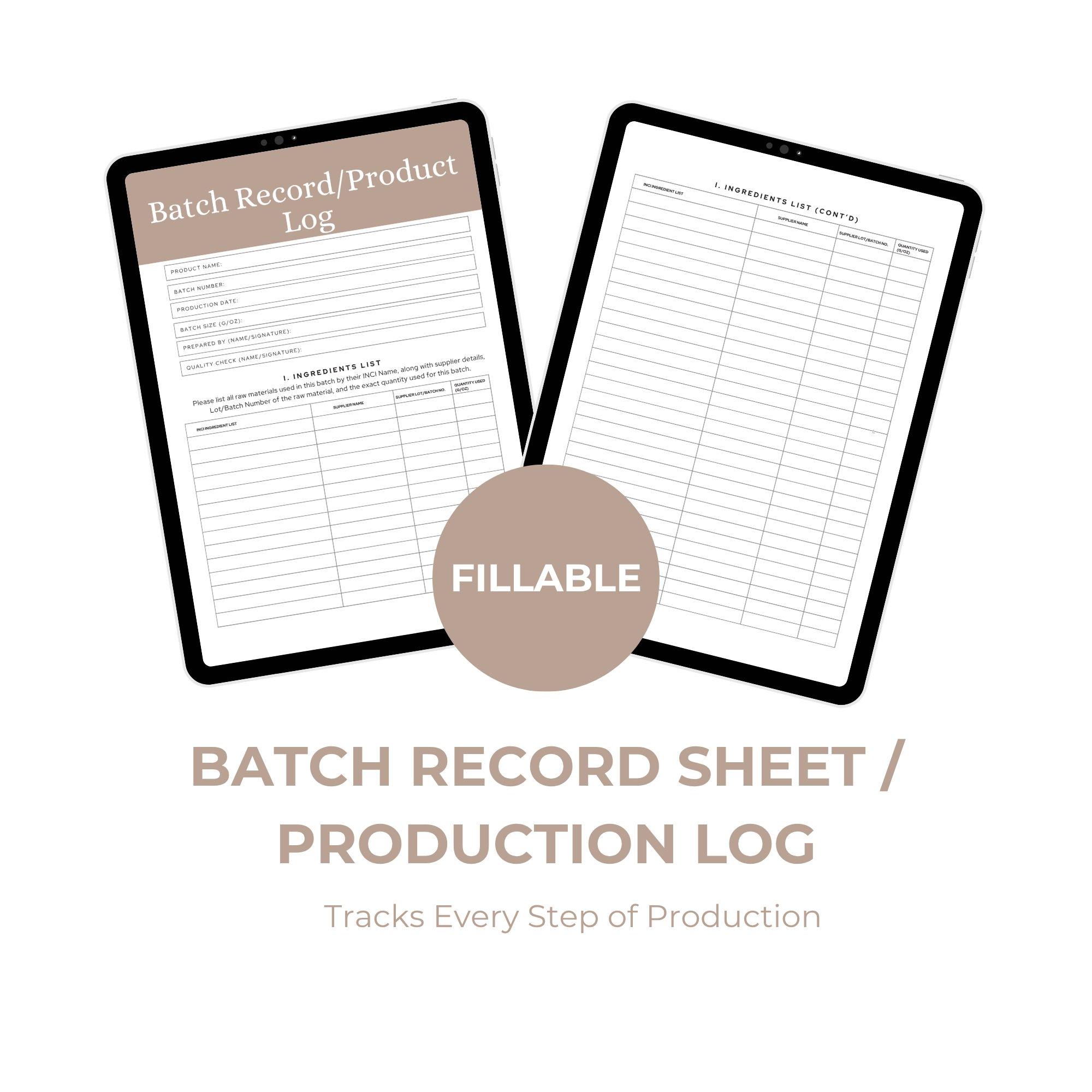 Cosmetic Batch Record Sheet Template | Production Log for Skincare ...