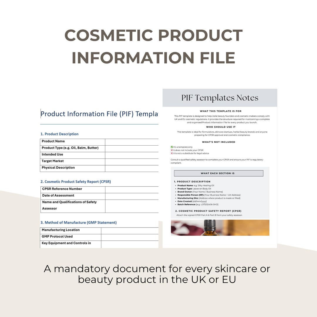 PIF Template for Cosmetic Compliance (UK/EU) | Editable Word Document + Pdf Guide | Skincare ...