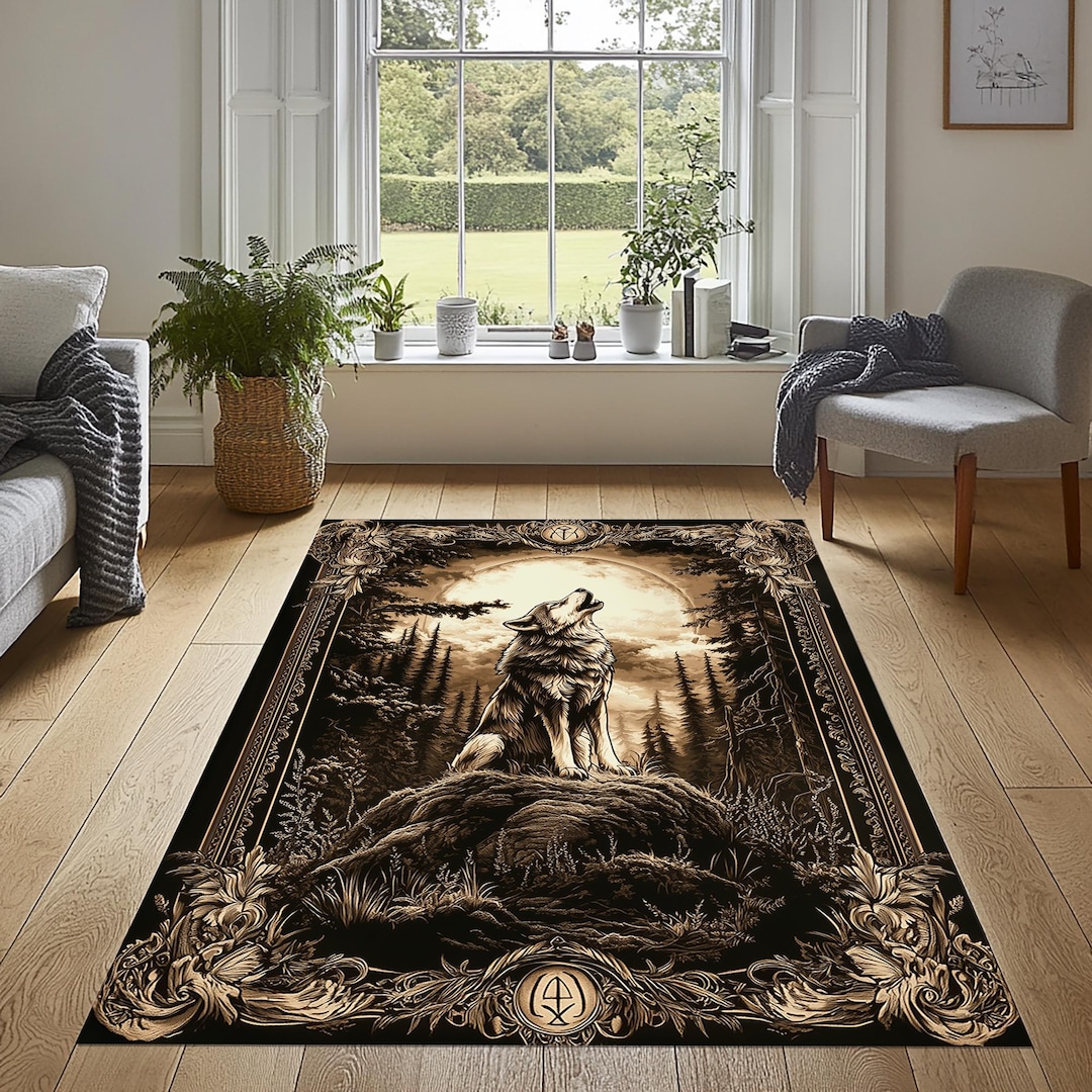 Howling Wolf Rug, Full Moon and Wolf Rug, Wolf Area Rug, Rustic Wolf ...