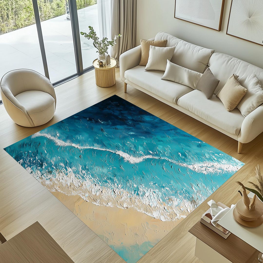Sandy Beach Rug, Abstract Sea Rug, Sea Area Rug, Beach Rug, Wave Sea ...