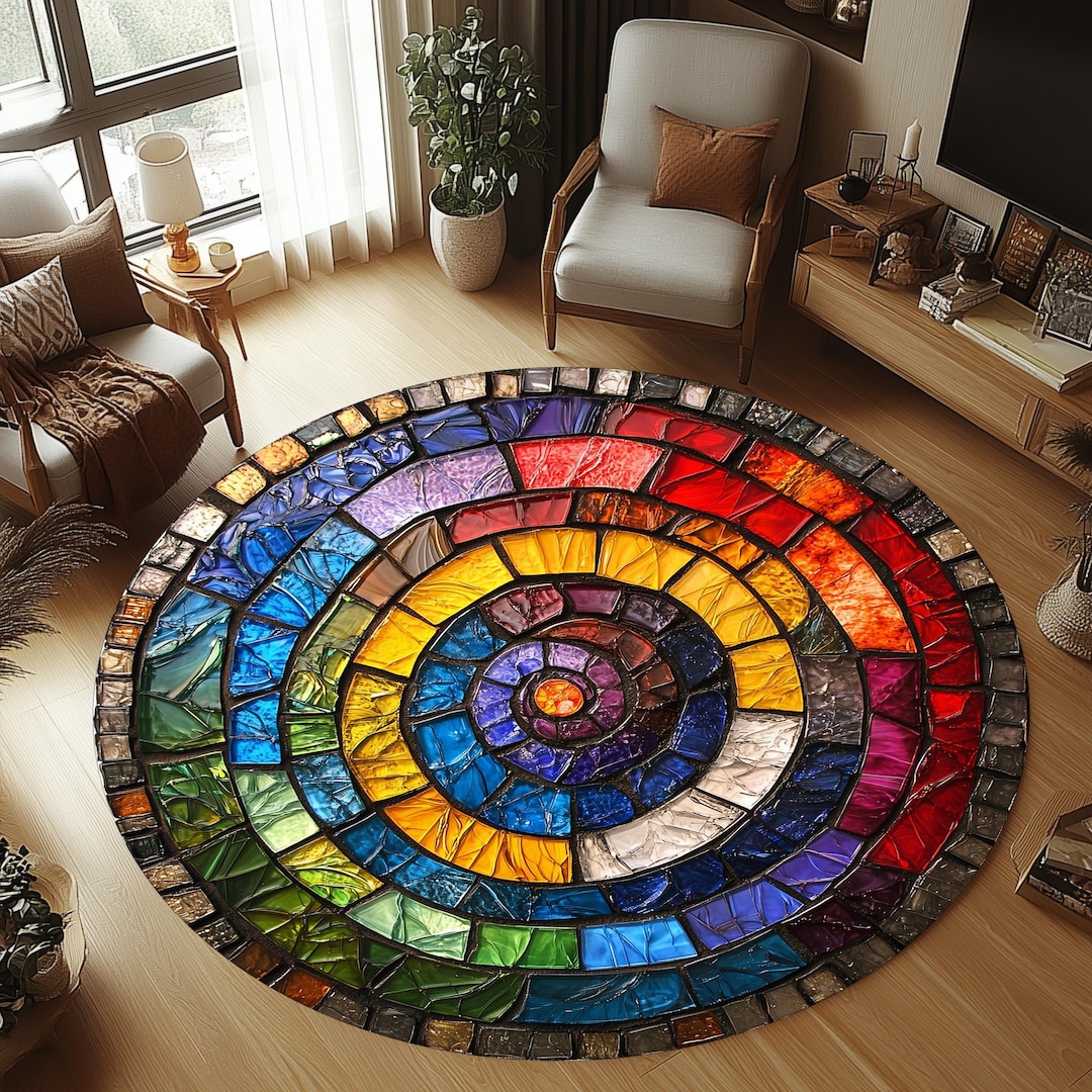 Mosaic Style Colorful Round Rug, Mosaic Colorful Rug, Colorful Round ...