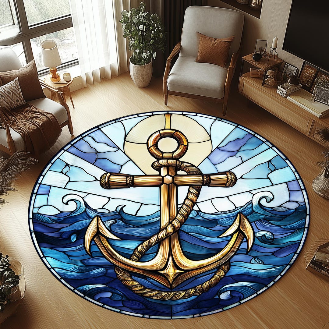Stained Glass Sea Anchor Round Rug, Nautical Cotton Rug (1.9ft/60cm) - Etsy
