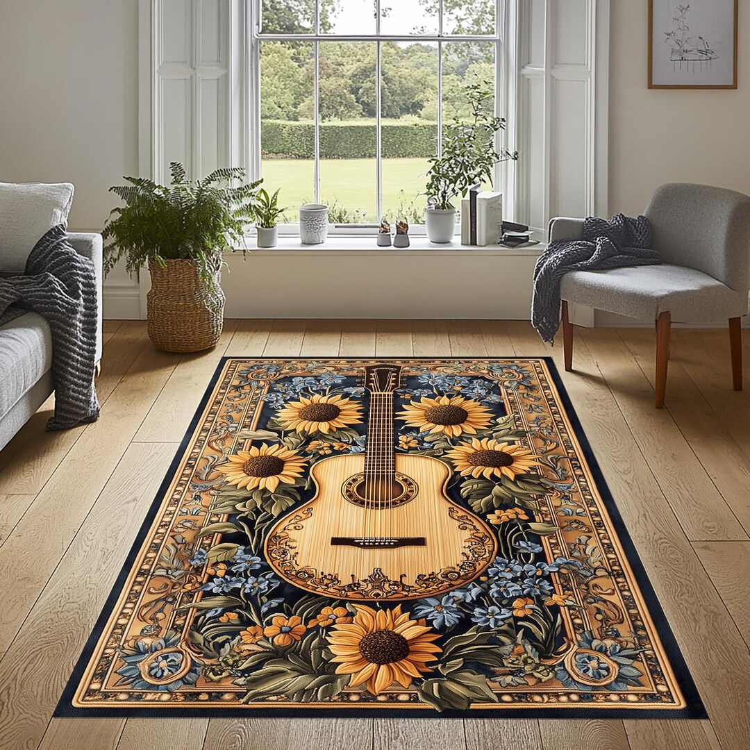 Traditional Guitar Rug, Guitar Area Rug, Floral Guitar Rug, Guitar ...