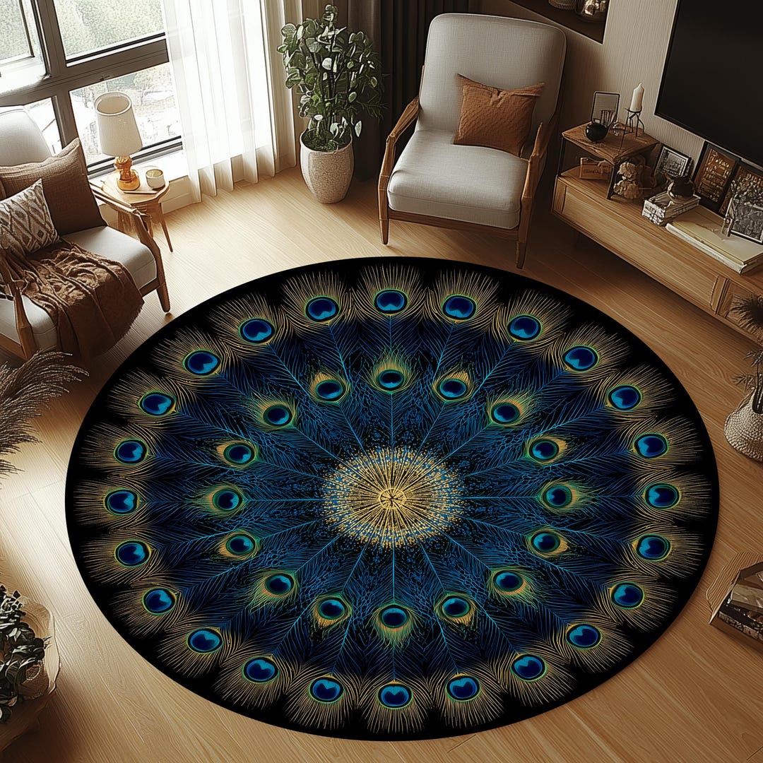 Peacock Feather Mandala Rug, Peacock Feather Rug. Peacock Feather Round ...