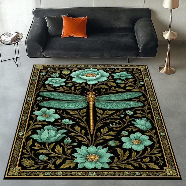 Traditional Dragonfly Rug, Dragonfly Area Rug, Floral Dragonfly Rug ...
