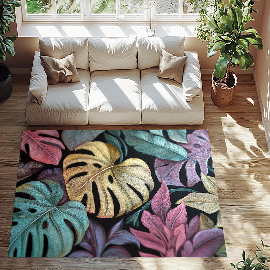 Colorful Monstera Leaf Rug, Tropical Floral Area Rug - Etsy