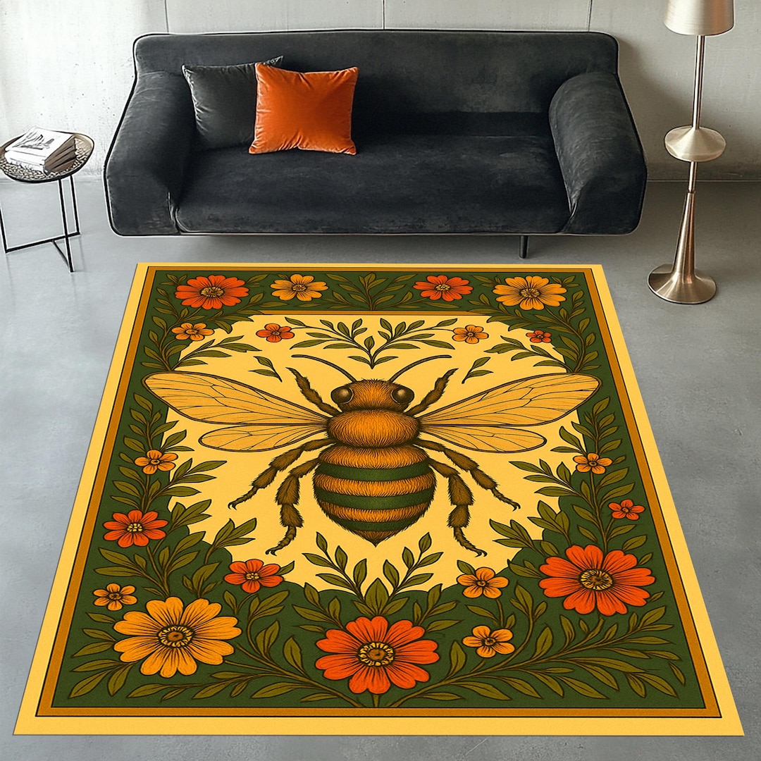 Rustic Bee Rug, Botanical Bee Rug, Floral Bee Rug, Bee Area Rug, Bee ...