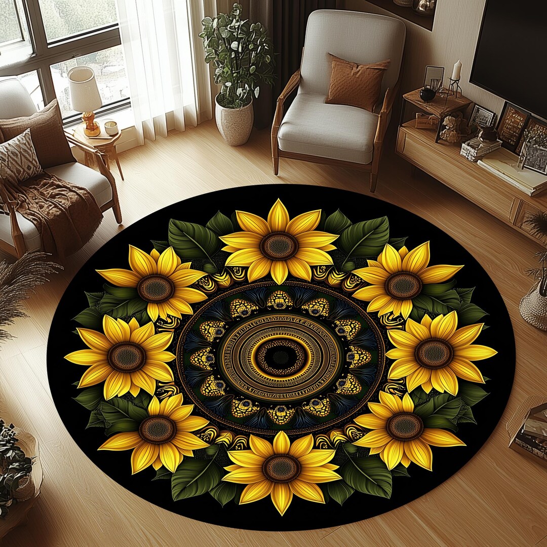 Sunflower Patterned Rug, Round Floral Rug, Round Sunflower Rug ...