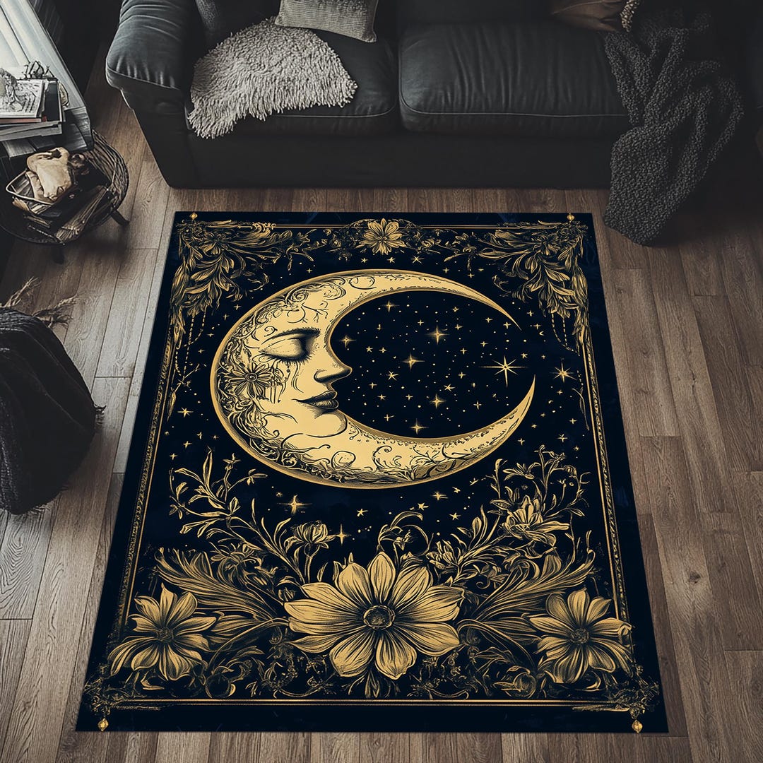 Crescent Moon Rug, Floral Moon Rug, Dark Themed Moon Rug, Moon Area Rug ...